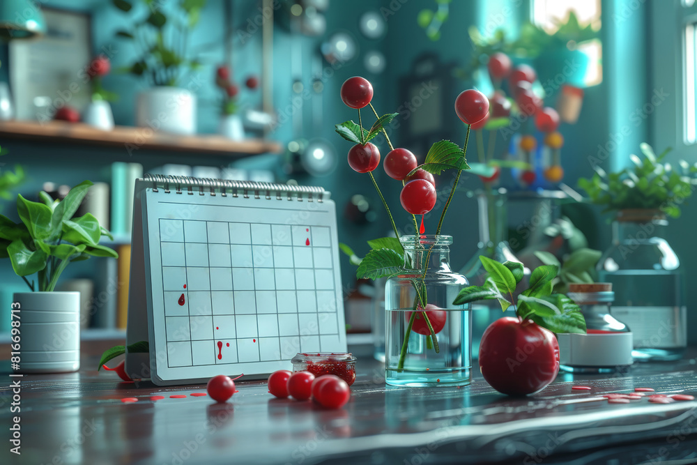 Stylish cherries arranged on a calendar in a creative workspace ...