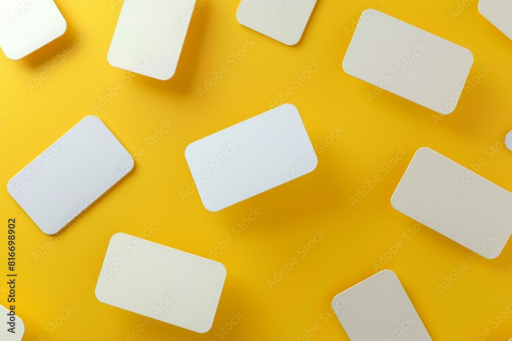 blank white paper cards with rounded corners floating around over a ...
