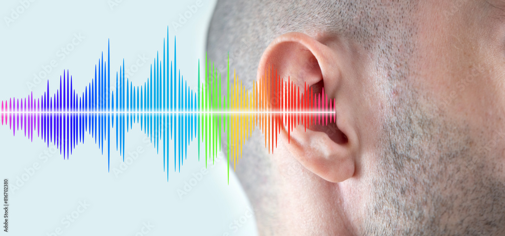 young man ear closeup listening, sound wave, acoustics Auditory System ...
