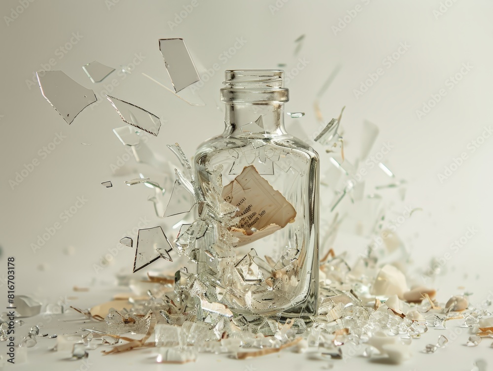 A shattered, clear glass bottle with a message inside, symbolizing the ...