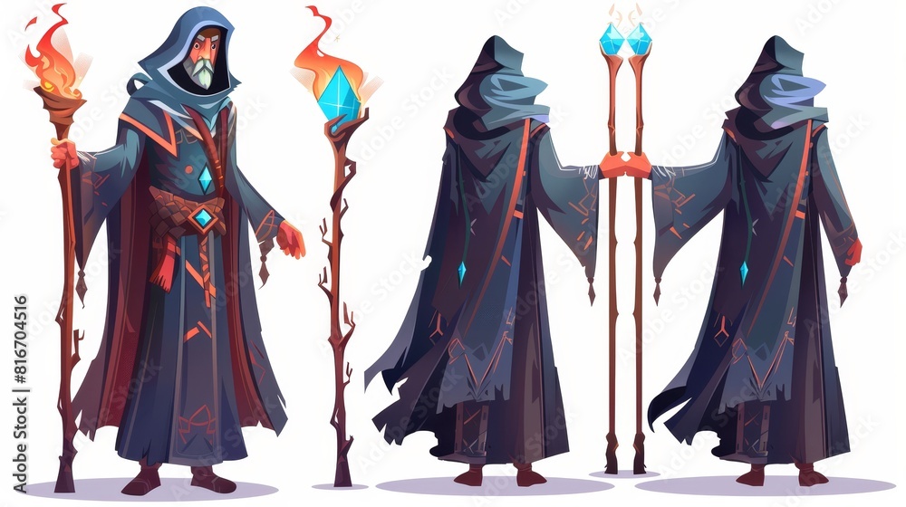 Modern cartoon illustration of sorcerer character, warlock in medieval ...