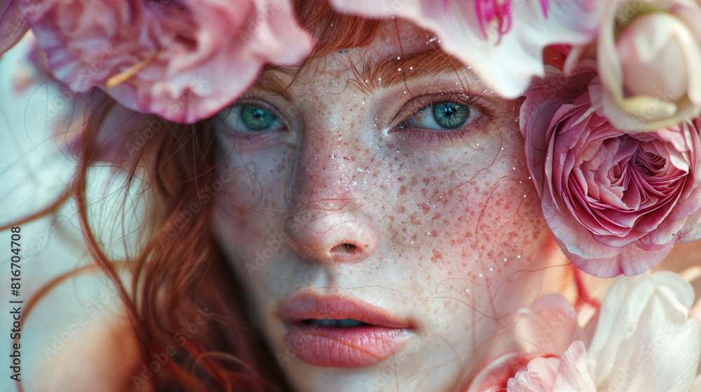 A young female model is surrounded by flowers, showing off a stylish ...