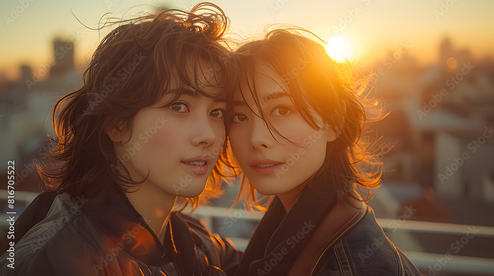 LGBTQ, lesbian couple with pixie bob hair on a windy city rooftop, in ...