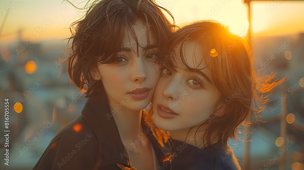 LGBTQ, lesbian couple with pixie bob hair on a windy city rooftop, in ...