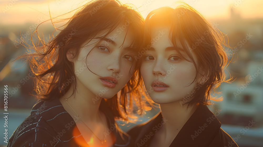 LGBTQ, lesbian couple with pixie bob hair on a windy city rooftop, in ...