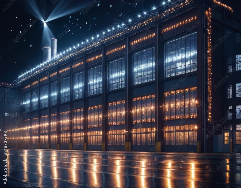 A vast factory brightly lit at night, showcasing an industrial facade ...