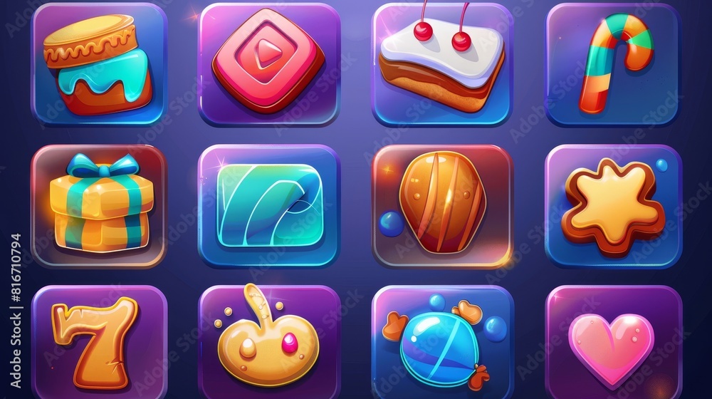 Cartoon icons set of candy game icons. Set includes candy bar icons ...