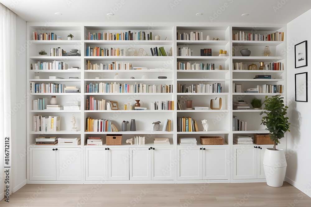 A pair of white bookcases with open shelves on each side, shelves ...