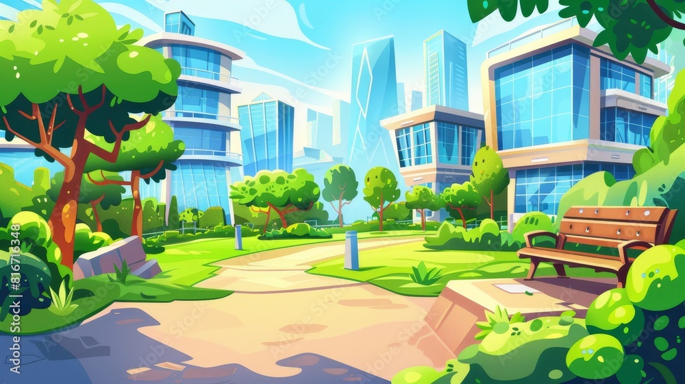 This modern parallax background shows a cartoon summer city park with ...