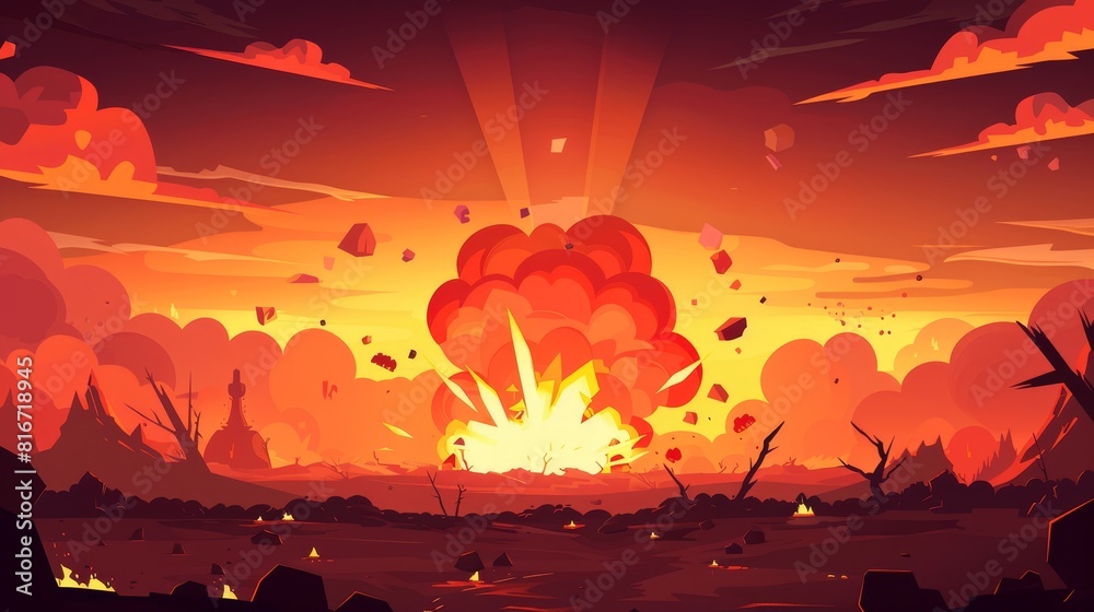 Background of fire, cartoon red bomb explosion clouds over a land that ...