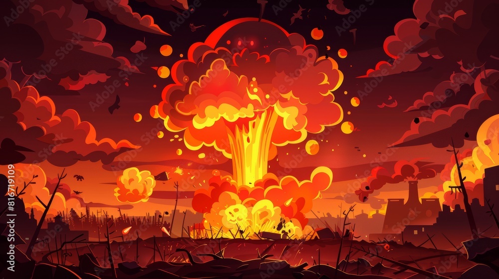 Fire background. Cartoon red bomb explosion clouds over destroyed burnt ...