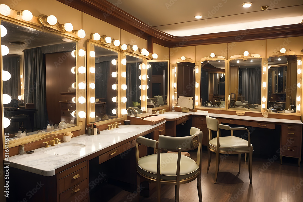 an Art Deco theater dressing room with vintage vanities, mirrors, and ...