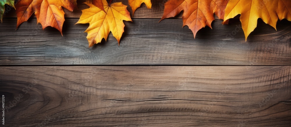 Wooden background with fallen autumn leaves providing a textural side ...