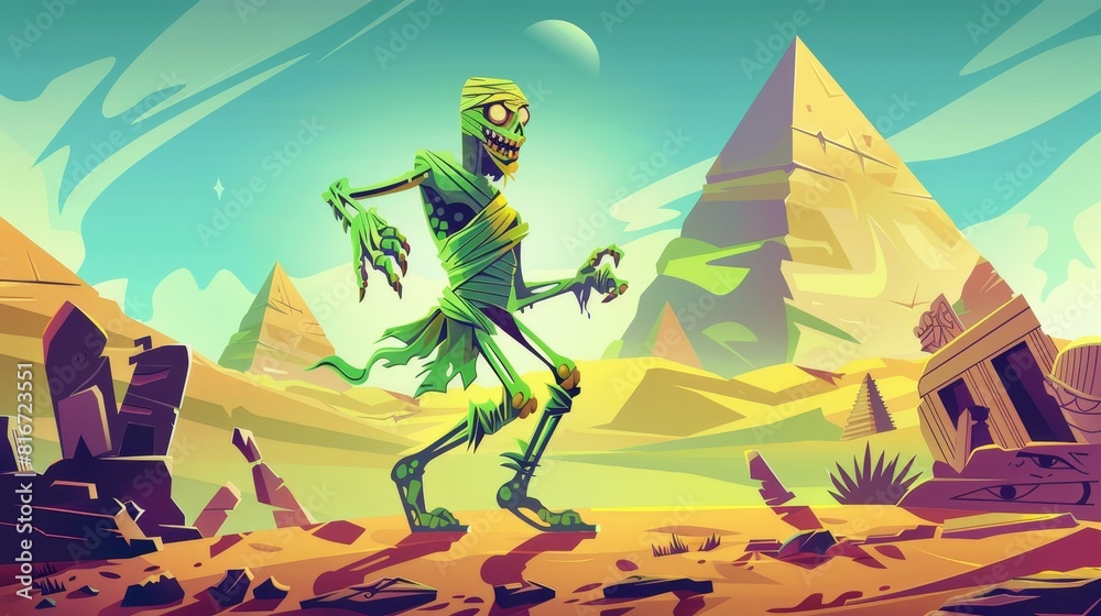 Illustration of a spooky walking zombie with bandages in the Egyptian ...