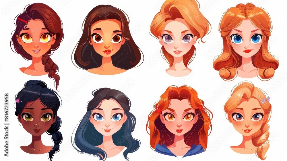 Girls avatars, asian and caucasian female characters with brown, black ...