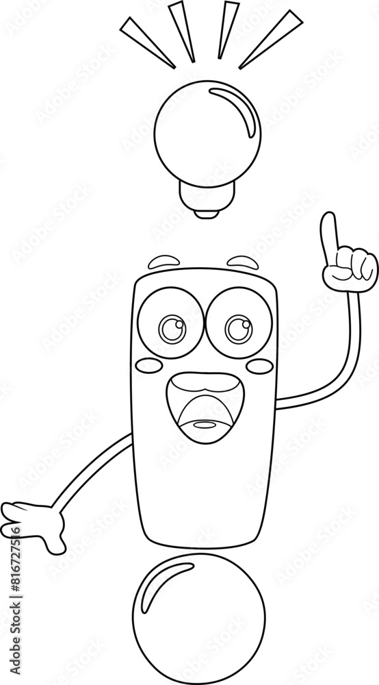 Outlined Cute Exclamation Mark Cartoon Character With Idea And Pointing ...