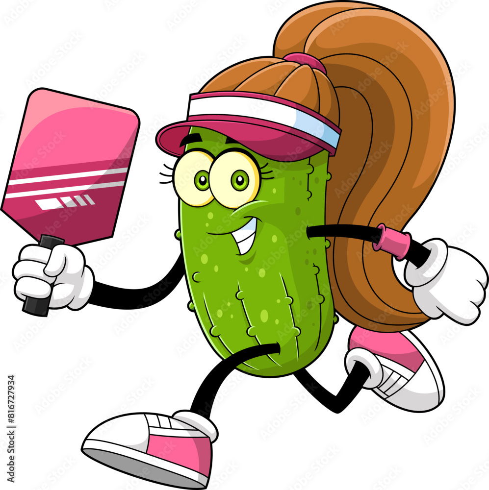 Cute Pickle Girl Cartoon Character Playing Pickleball Sport. Vector Hand Drawn Illustration ...