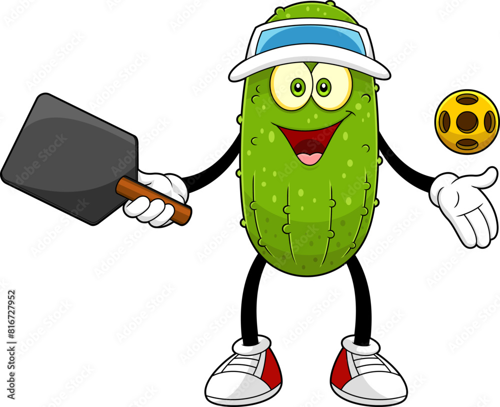 Funny Pickle Cartoon Character Playing Pickleball Sport. Vector Hand ...