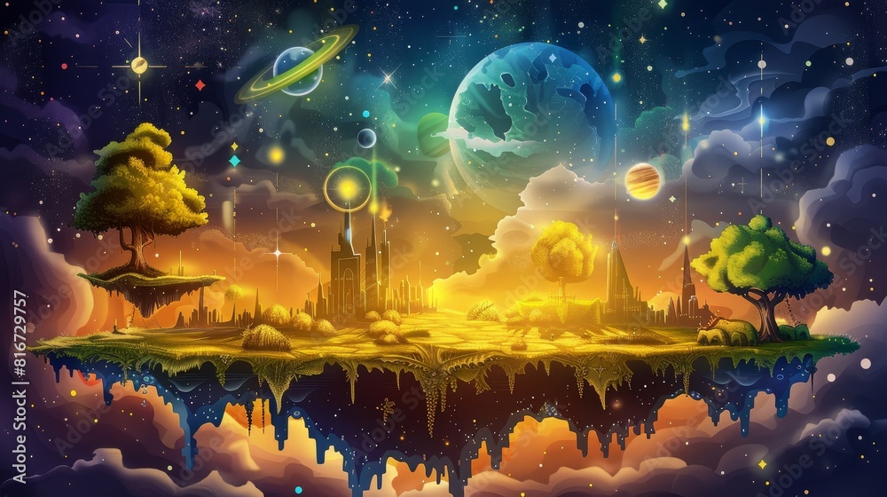 Fantastic floating islands with golden surface in outer space. Game ...