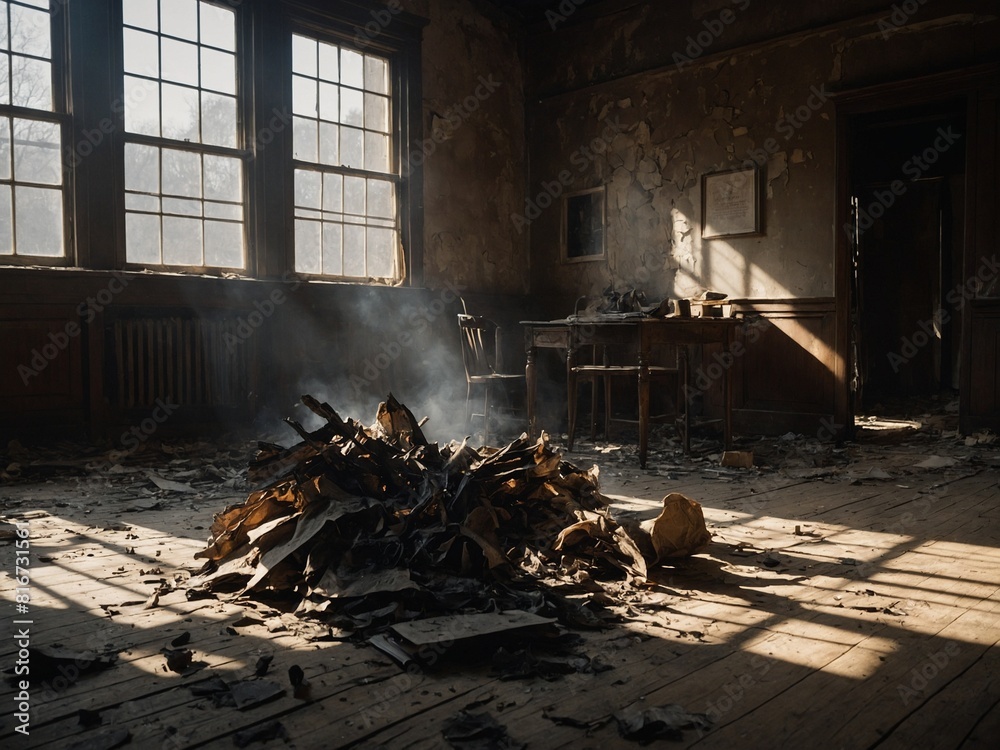 Sunlight streams through broken windows into room in disrepair, casting shadows, illuminating ...
