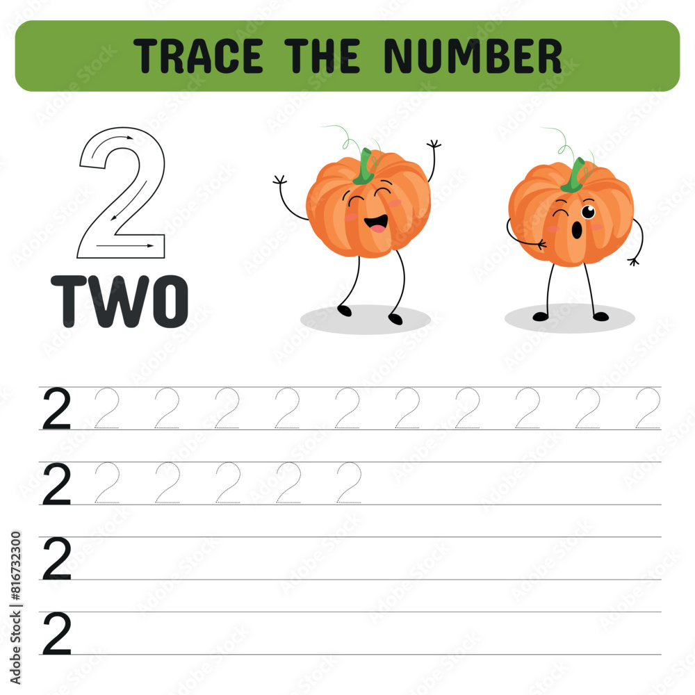 Trace the number. Tracing number 2 with funny pumpkins. Educational ...