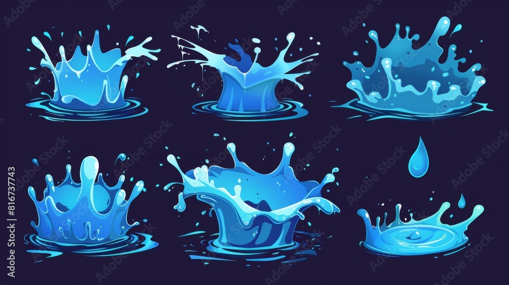Illustration of a blue crown splatter stream with drops, vfx animation ...