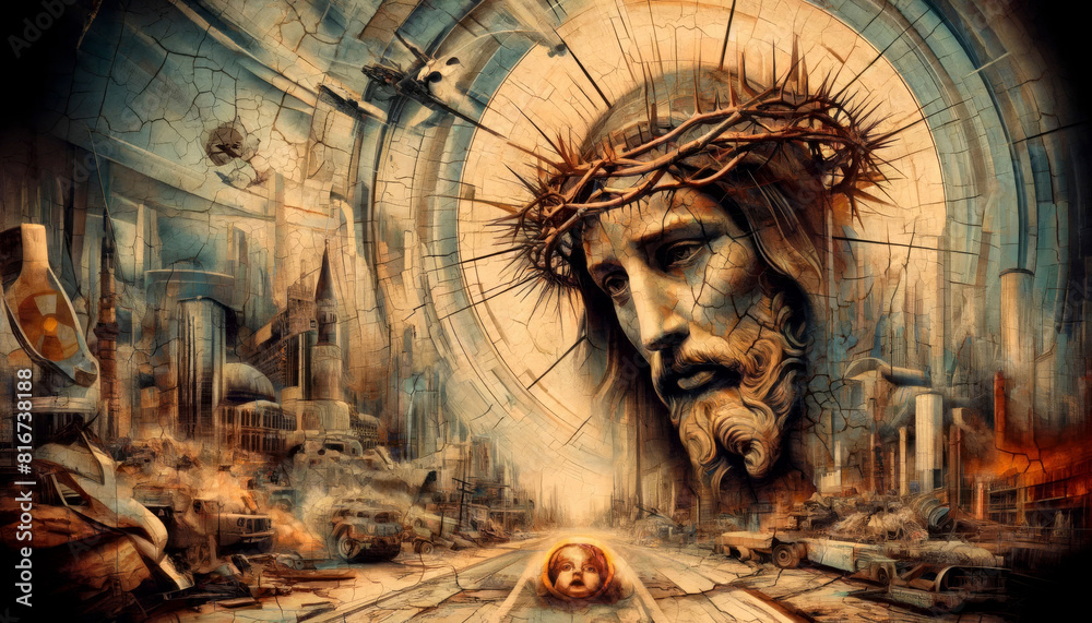 Artwork in torn page style, portraying Jesus Christ reflecting solemnly ...