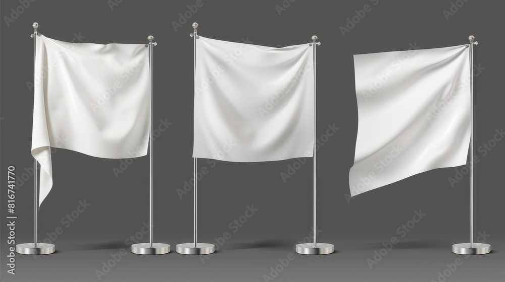A mockup of white flags and pennants on poles. Triangles, rectangles ...
