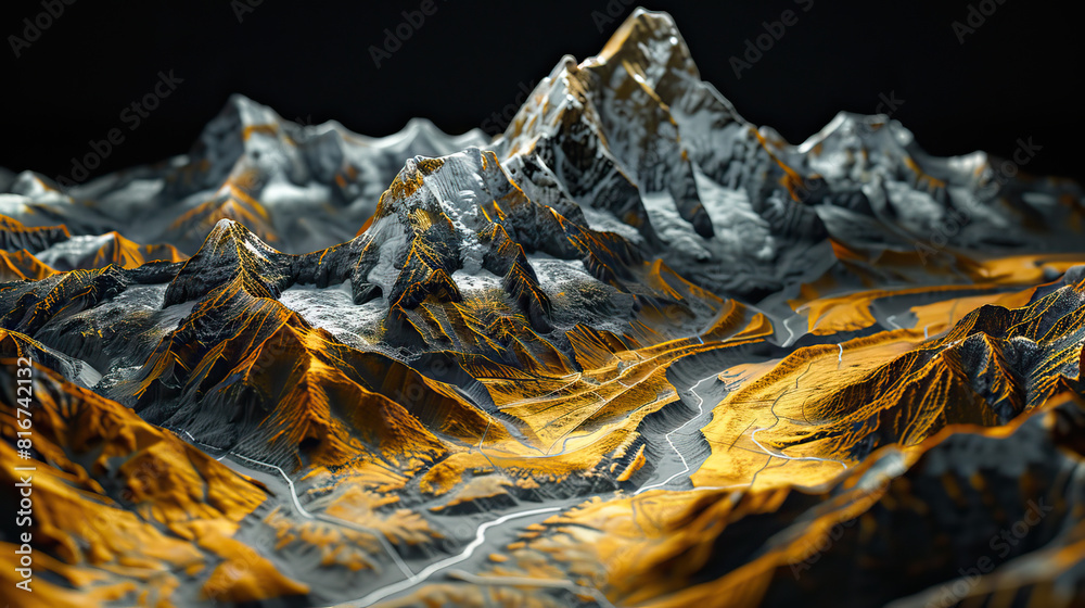 Technical visual illustration, mountain 3D LiDAR GIS aerial map K2 and ...