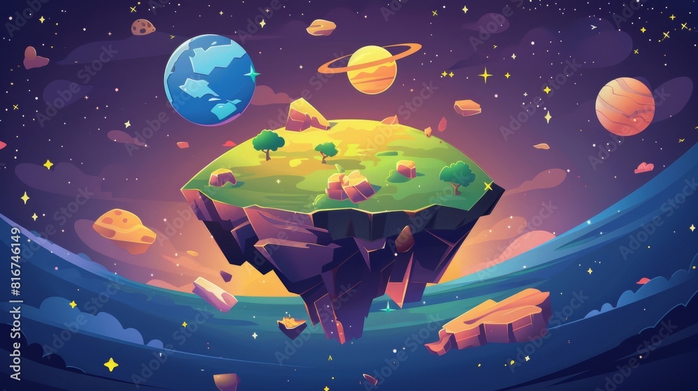 Cartoon planet in galaxy for arcade videogame. Illustration of 2D level ...