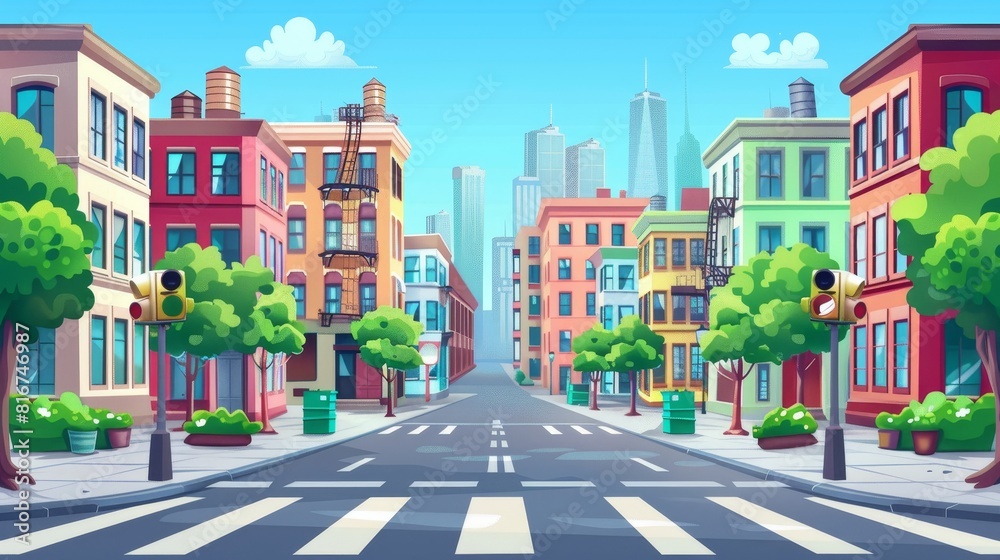 Typical city street with buildings and traffic lights at the crosswalks ...