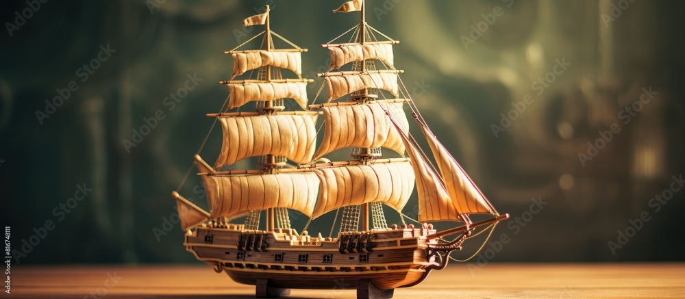 Vintage and retro toy of an old wooden ship with sails and masts on a ...