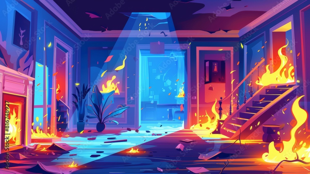 Intense fire in a house. Accident scene indoors with flames and smoke ...