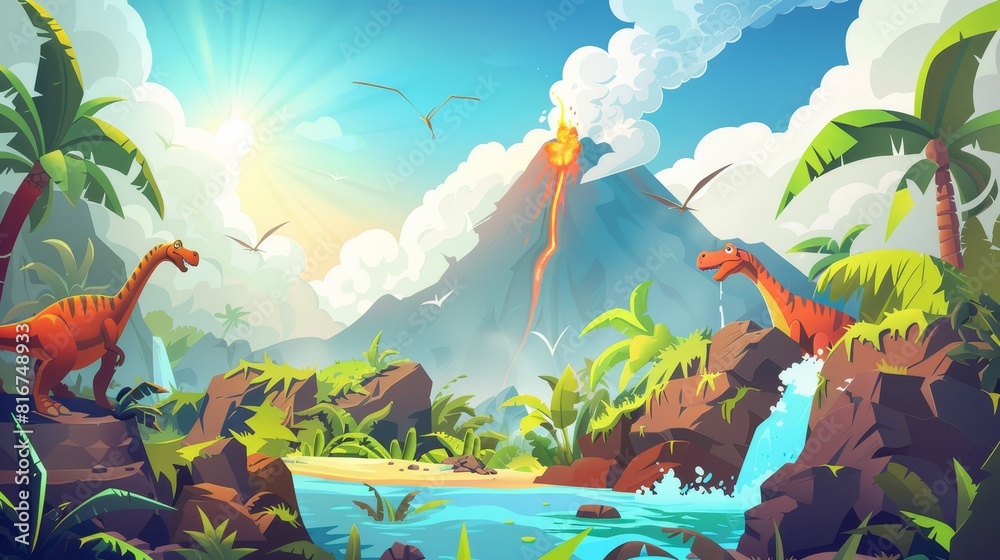 Dinosaurs drinking water from a tropical river on a sunny day. Cartoon ...