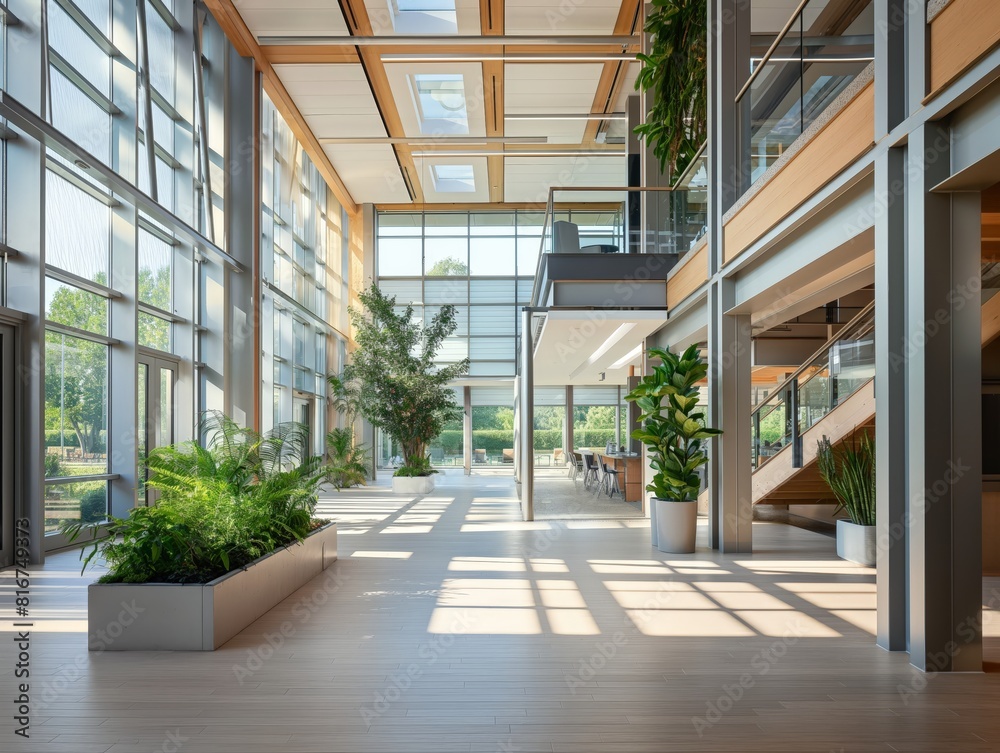 Spacious modern office atrium with large windows, abundant natural light, and indoor plants ...