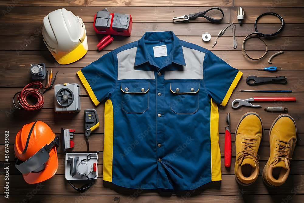 Electrician work uniform items on a wooden background design top view ...