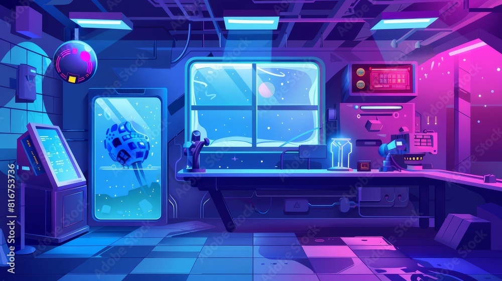 Cartoon illustration of a spaceship laboratory interior, showing a ...