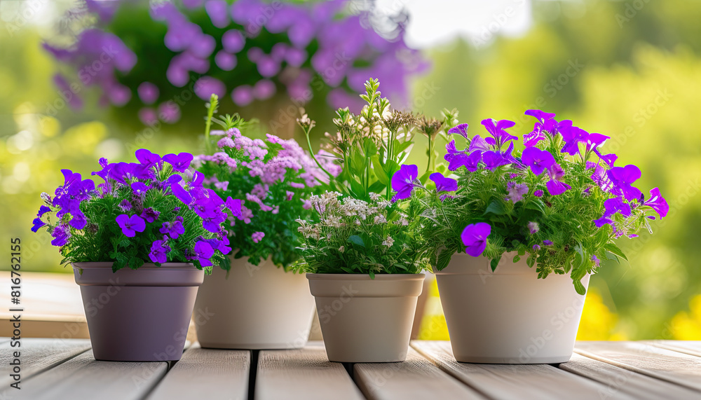 Surfinia, drooping ampersed flowers of different colors in pots on ...