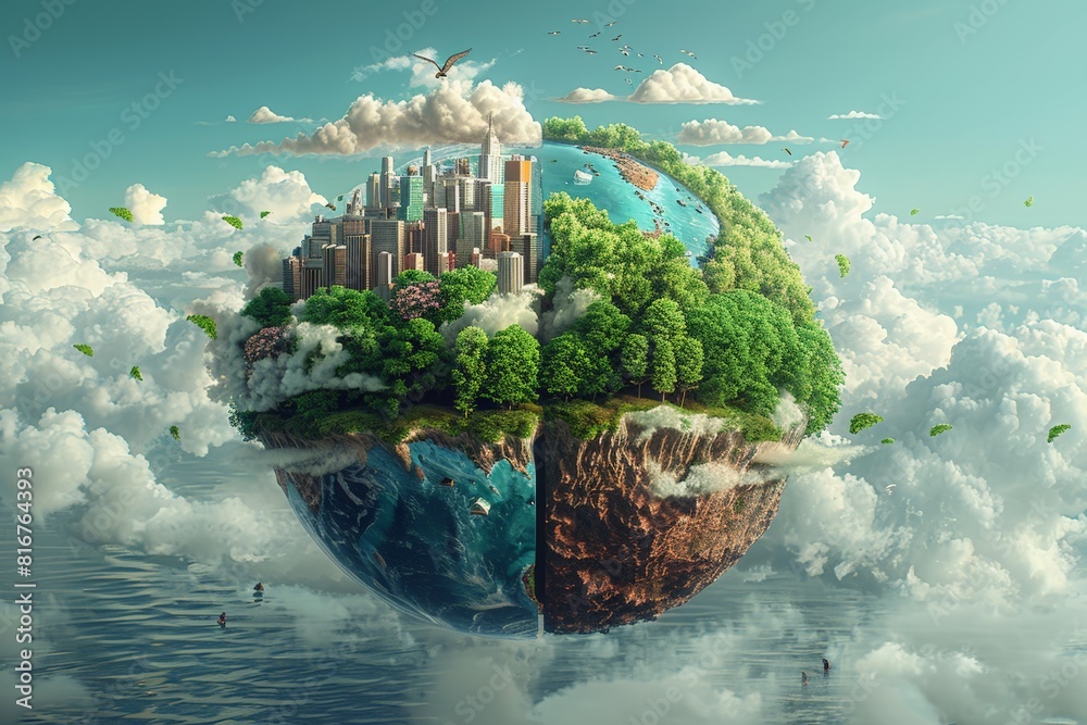 Floating globe split into two halves, one side depicting a dense urban ...