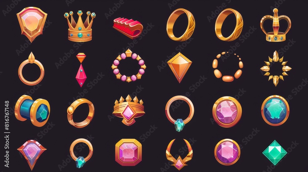 Set of fantasy medieval rings, amulets, crowns icons for games with ...