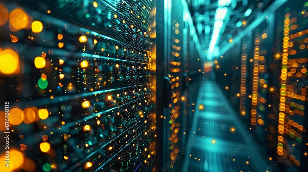 Abstract technology background of server room with many blinking lights ...