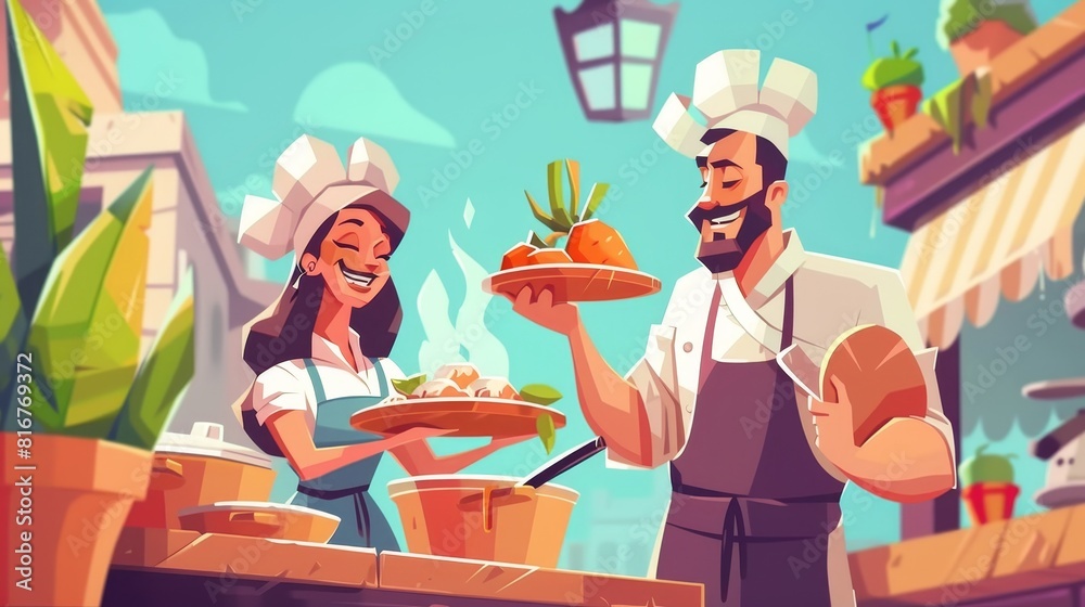 Modern cartoon illustration showing a chef cooking food in a restaurant ...