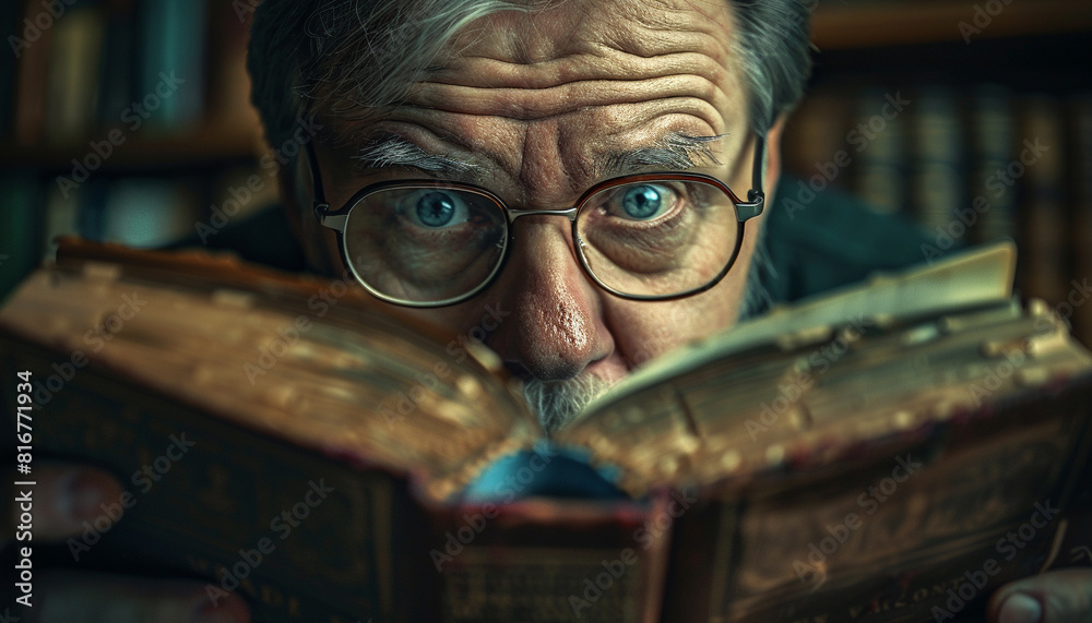 A reader gasping at a plot twist in a mystery novel, front view ...