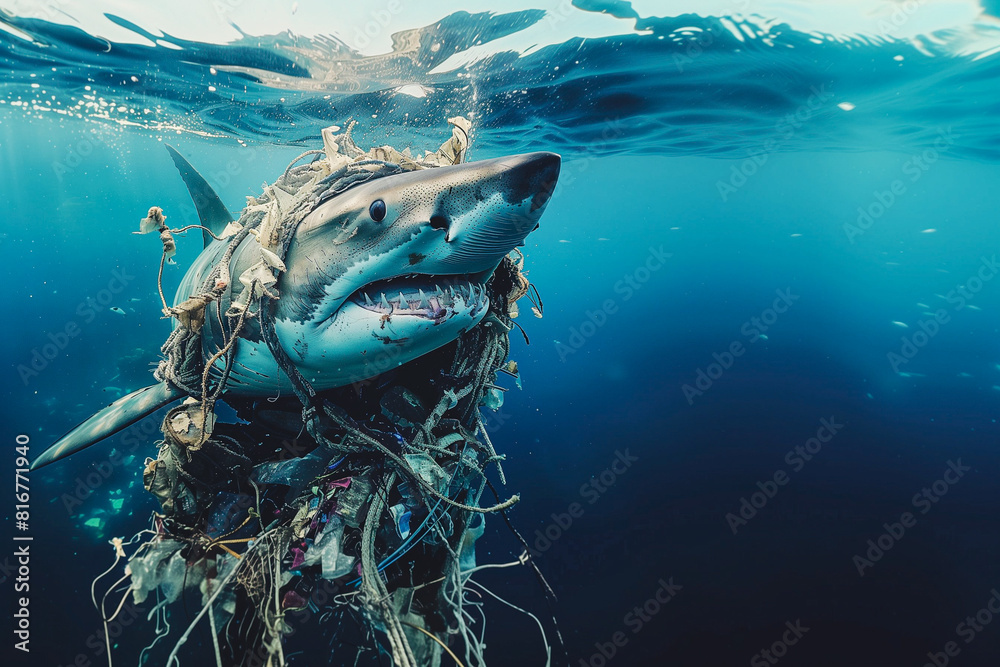 Shark swims in blue sea surrounded by garbage. Concept of Environmental ...