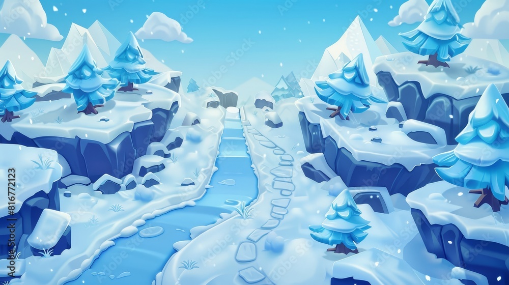 Snowy winter UI mobile game map level road cartoon background. Ice ...