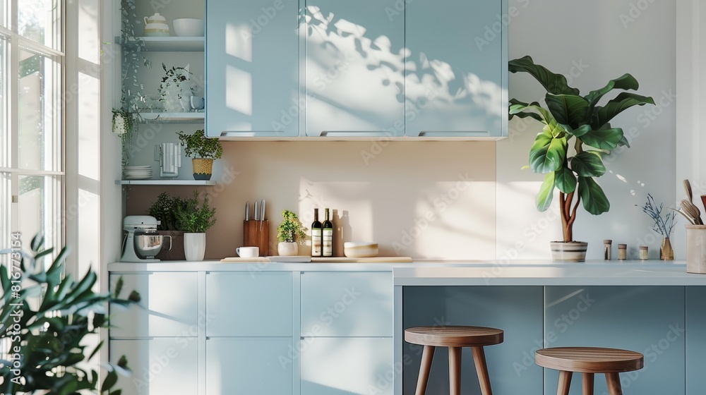 Bright Kitchen with Light Blue Cabinets and Large Windows, Airy ...