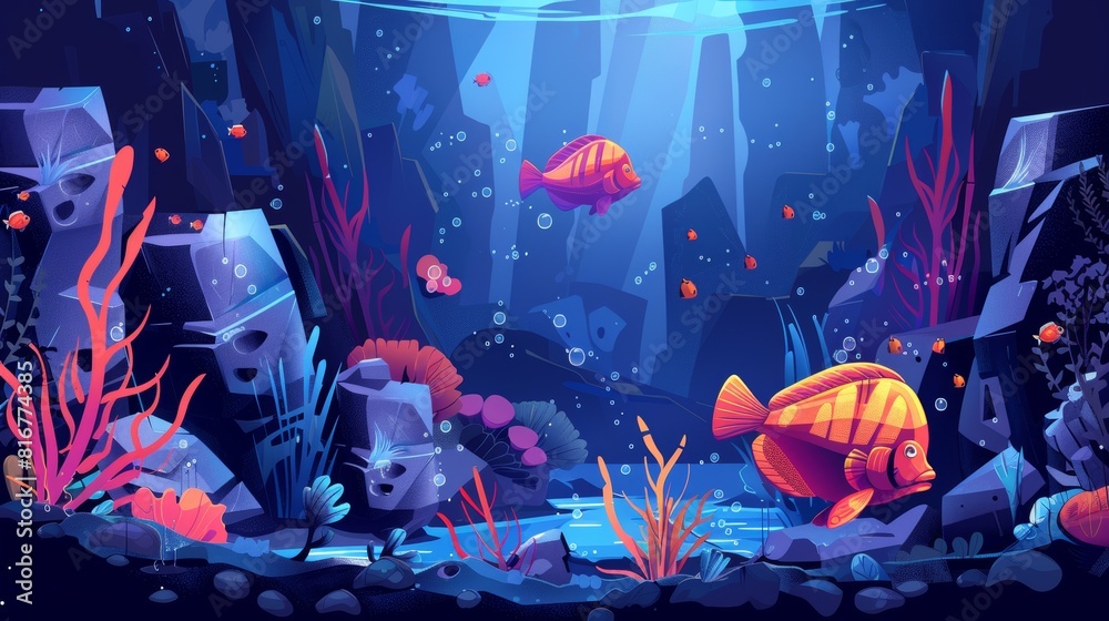 Underwater boulder with fish modern background. Seaweed plant life in ...