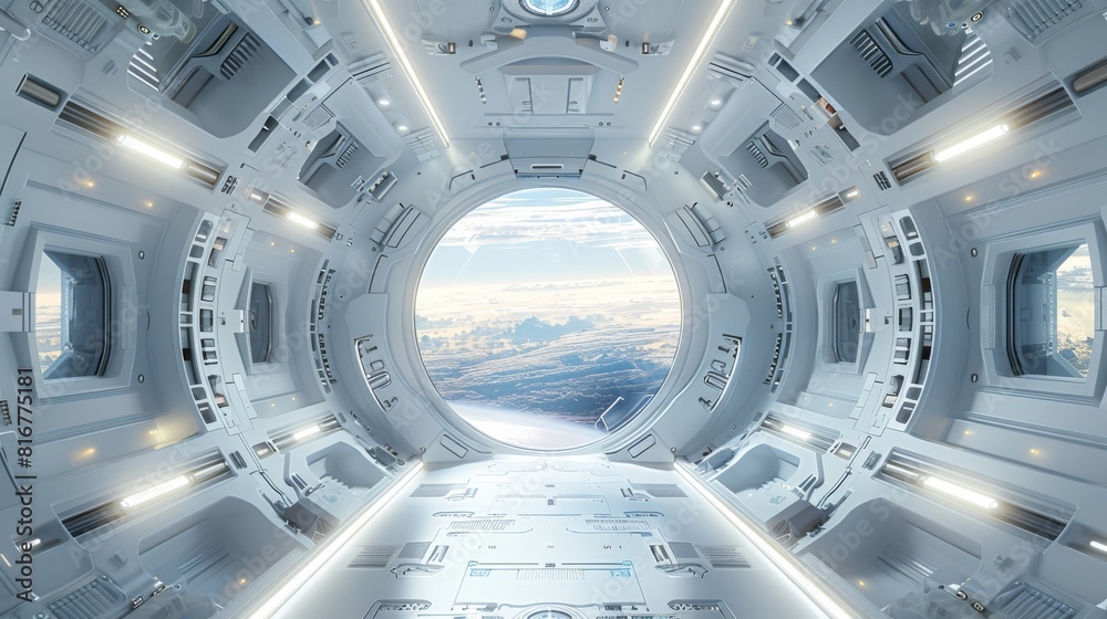 The interior of a white space station in the future is futuristic and ...