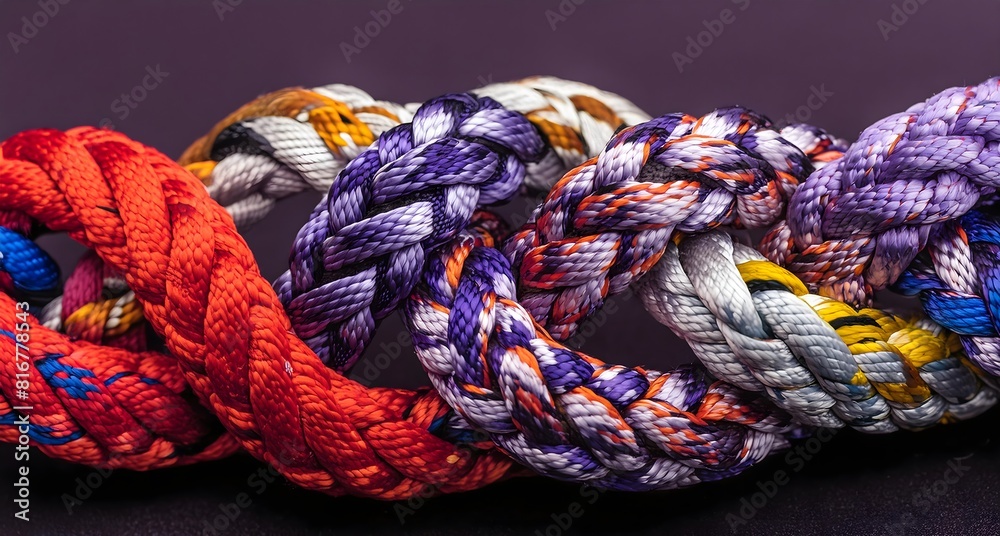 Image of multiple colors ropes tied together in a complex knot ...