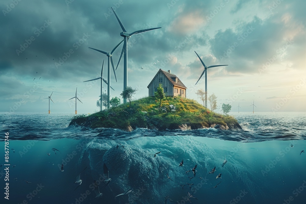 House on small island surrounded by wind turbines in open sea. Dramatic ...